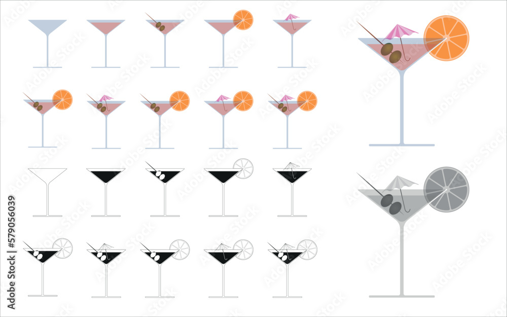 Vector set of icons: Drawing of a drink in a glass and its various ...