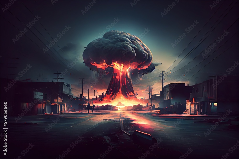 Fire cloud of nuclear bomb explosion. Futuristic nuclear explosion ...