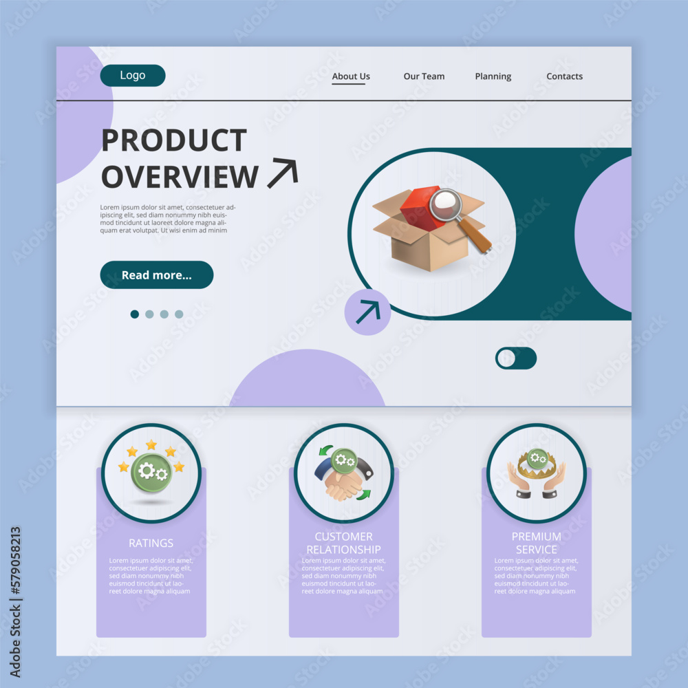 Product overview flat landing page website template. Ratings, customer ...