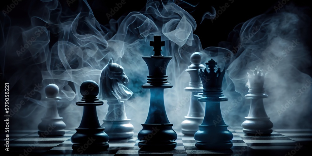 Chess figures on a dark background with smoke and fog. Epic chess game ...