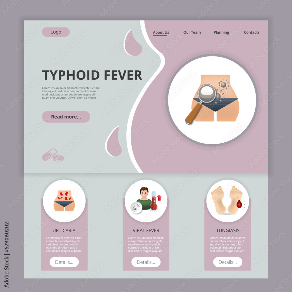 Typhoid fever flat landing page website template. Urticaria, viral fever, tungiasis. Web banner ...