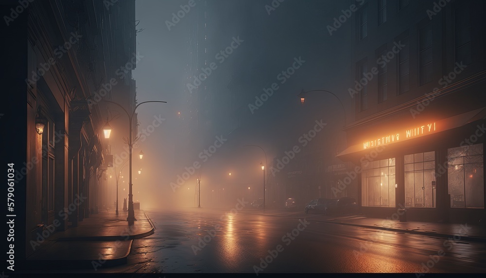 Retro city street at misty illuminated melancholic night background ...