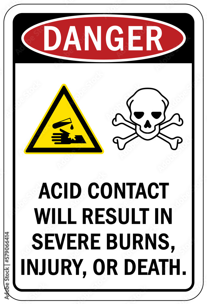 Acid chemical warning sign and labels acid contact will result in ...