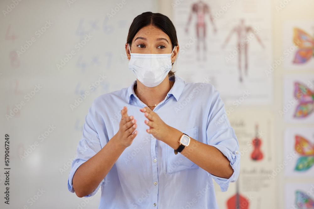 Pandemic, mask and doctor talking at school career presentation or ...