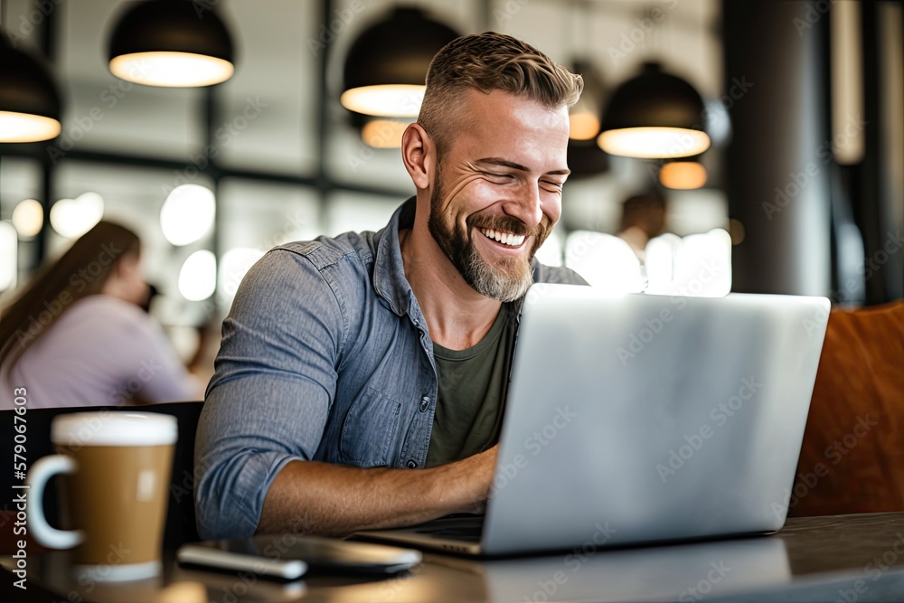 Cheerful and contented young Caucasian man sitting at desk and using ...