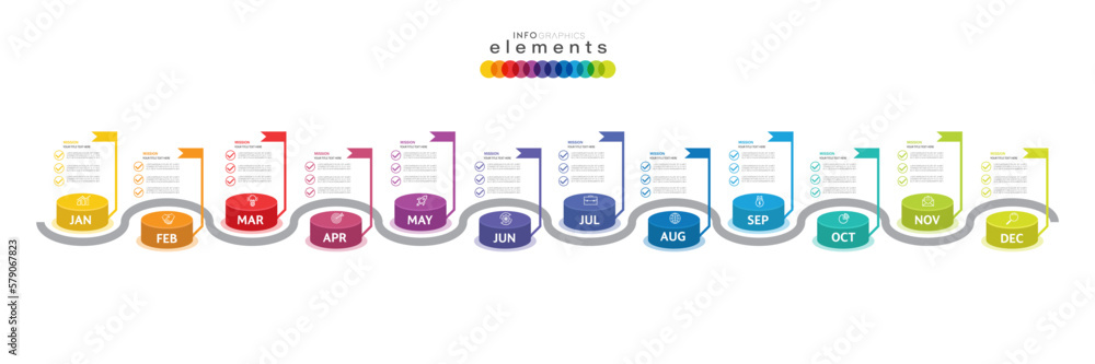 Infographic template for business. 12 Months modern Timeline diagram ...