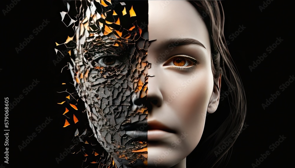 Divided female face for fragmentation face half, bipolar disorder ...