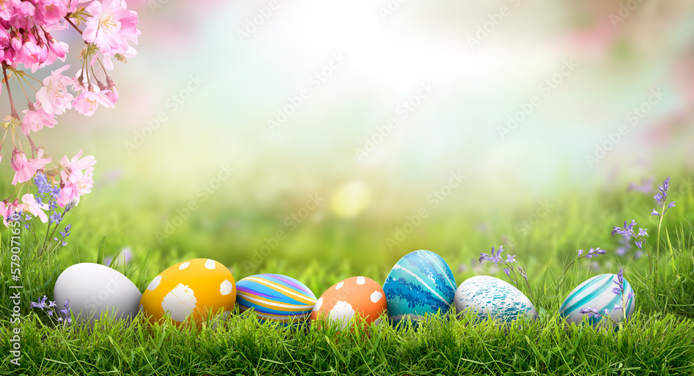 A collection of painted easter eggs celebrating a Happy Easter on a ...
