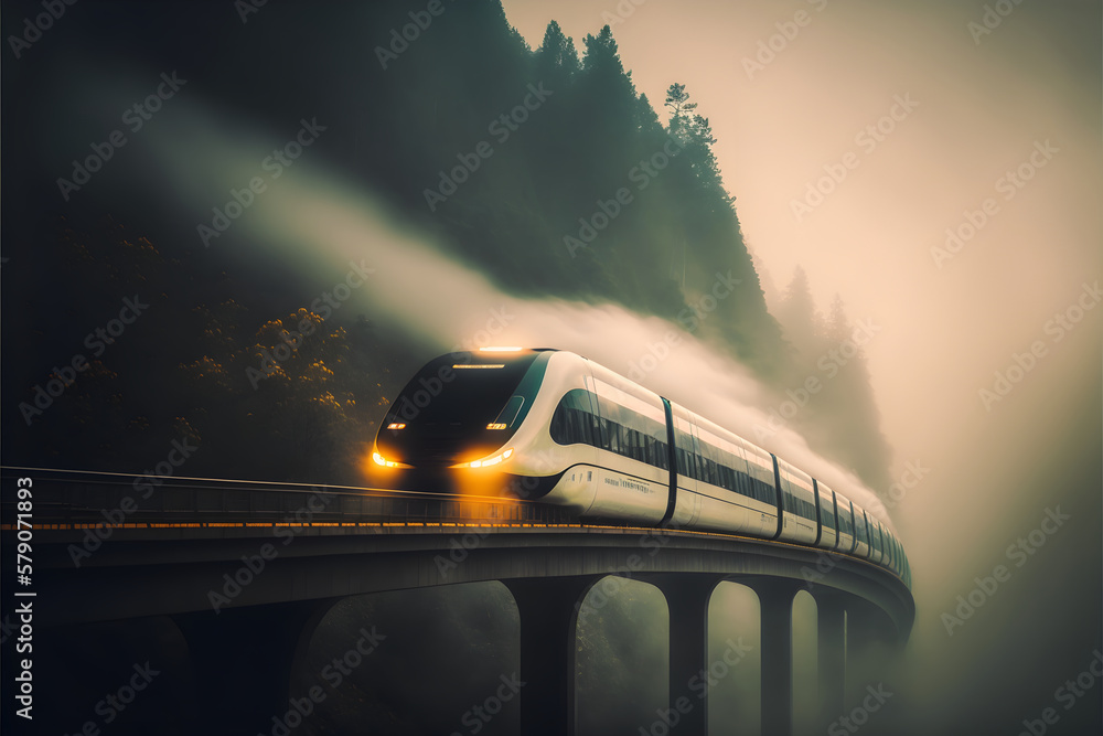 AI Generative. Futuristic high-tech monorail running through the foggy ...