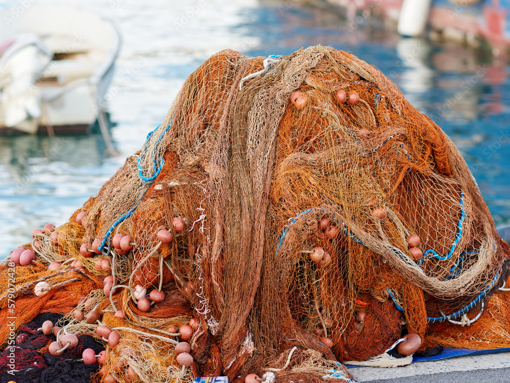 Pile commercial fish nets and gill nets, Fishermen's Terminal, Stock ...