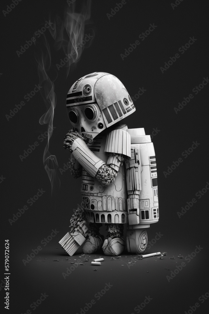 Anti smoking campaign, black and white illustration of a robot coughing ...