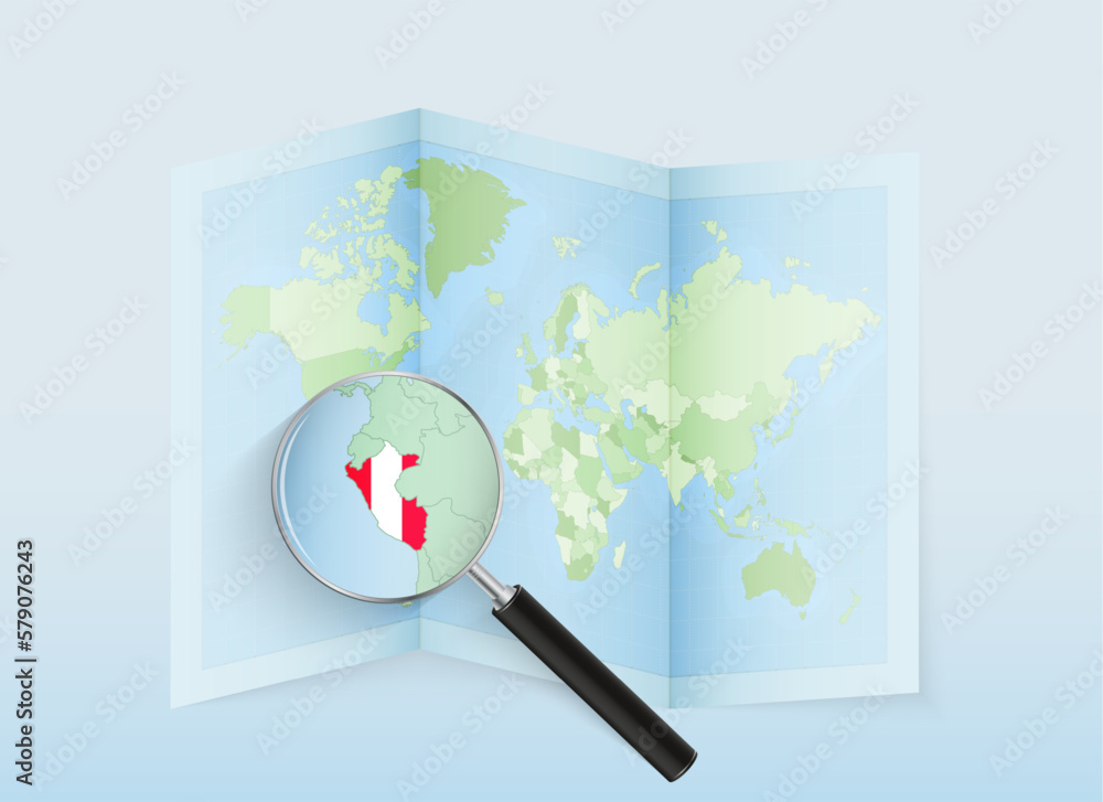 A folded world map with a magnifying lens pointing towards Peru. Map and flag of Italy in loupe ...
