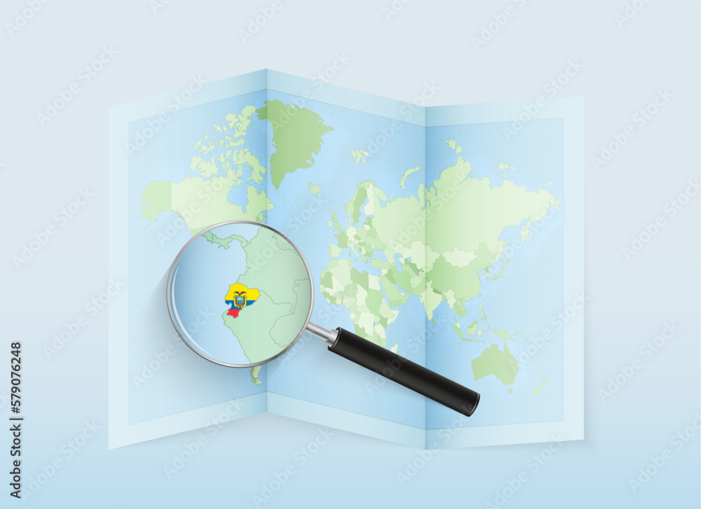 A folded world map with a magnifying lens pointing towards Ecuador. Map and flag of Italy in ...
