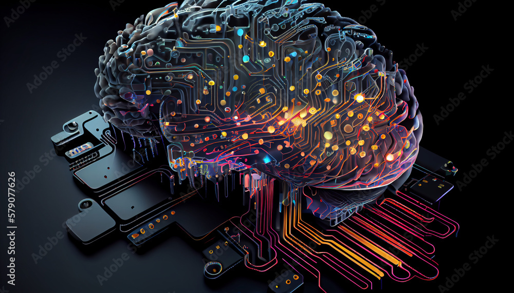 An illustration of a human brain with computer circuits on its surface ...