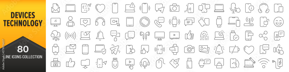 Devices and technology line icons collection. Big UI icon set in a flat ...