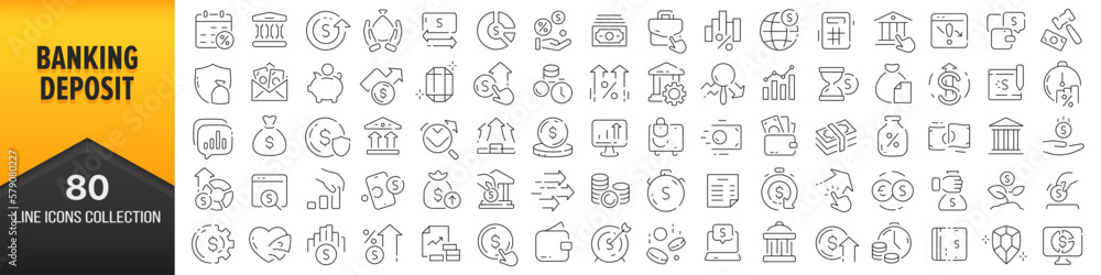 Banking deposit line icons collection. Big UI icon set in a flat design ...