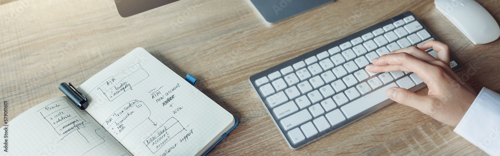 Close up of business woman hands working using keyboard of computer and ...