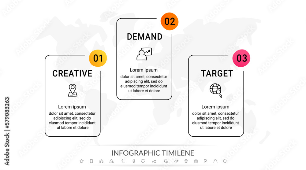 Three rectangular vector line cards in a horizontal row. The modern ...