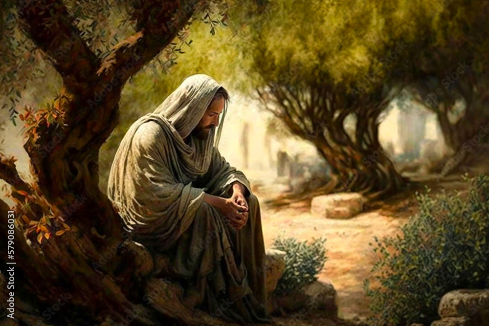 Jesus Christ praying in the garden of olive. AI generativ. Stock ...
