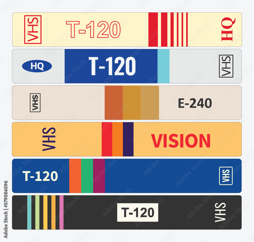 retro style vhs cassettes stacked vhs covers back side flat vector 90s ...