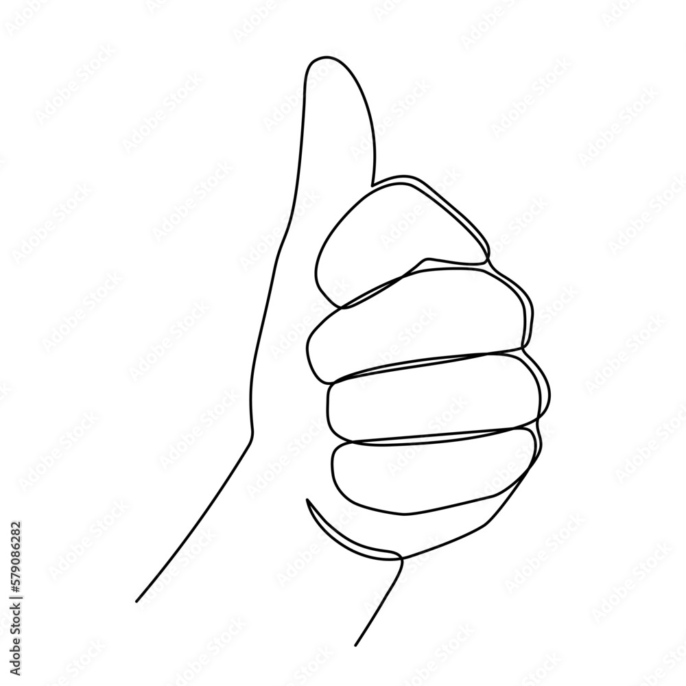 Hand with thumb up one-line art,hand drawn continuous contour.Palm with ...