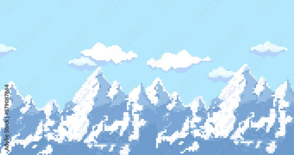 Pixel animation. Clouds, mountains for video game. Snow in the ...