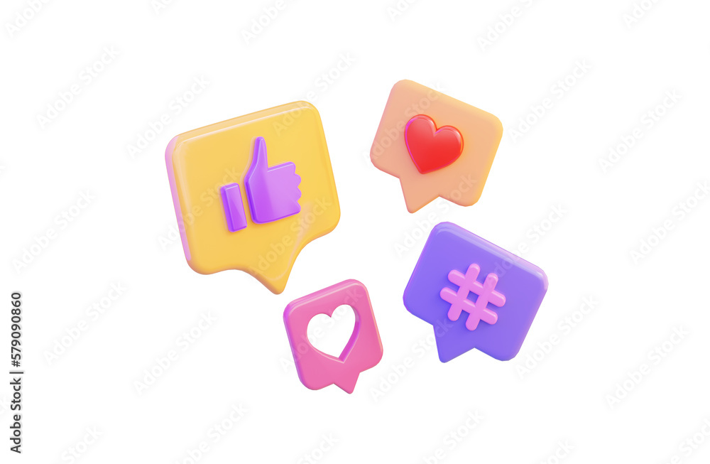 thumb up love and hash icon emoji on white background 3d render concept ...