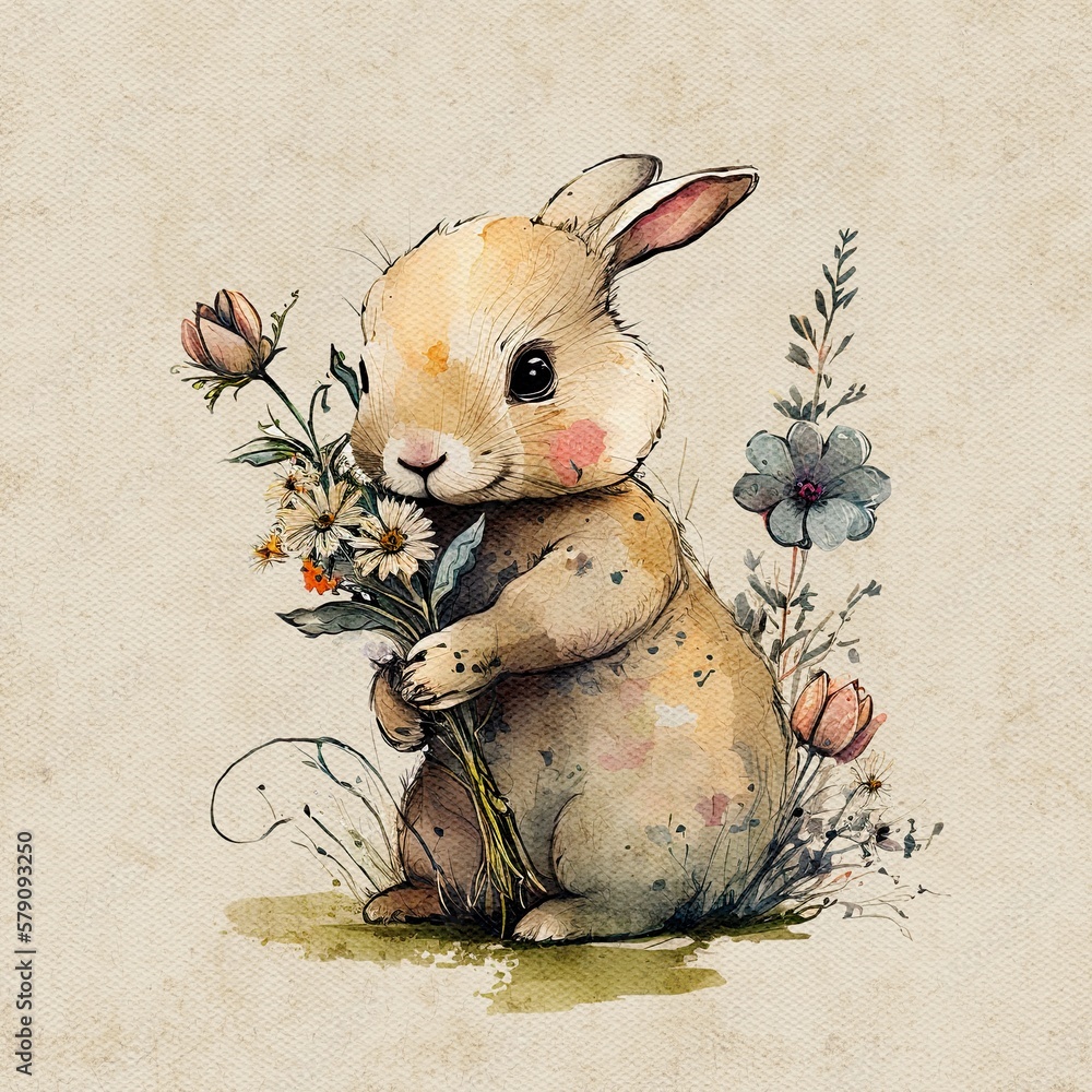 Watercolor cute bunny hold flower. Delicate spring illustration ...