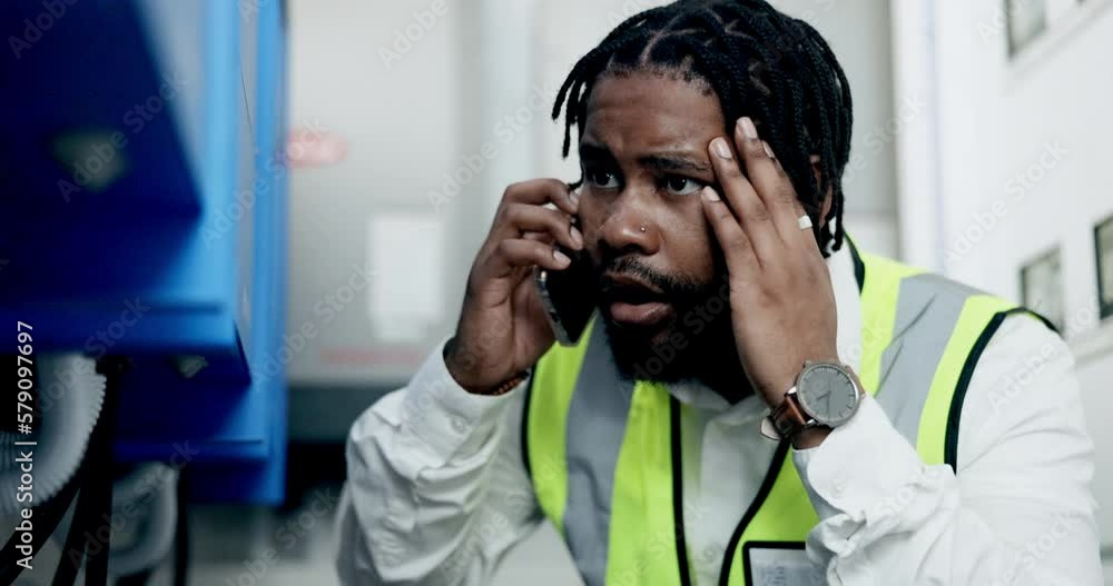 Black man, engineer and phone call for troubleshooting, mistake or ...