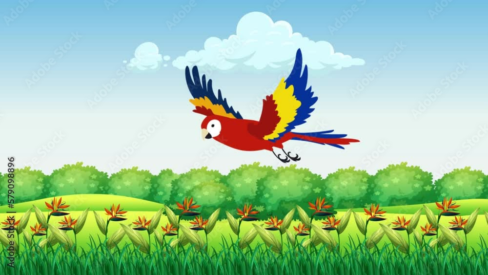 Colorful Bird Parrot Flying In Animated Forest Background With Camera ...