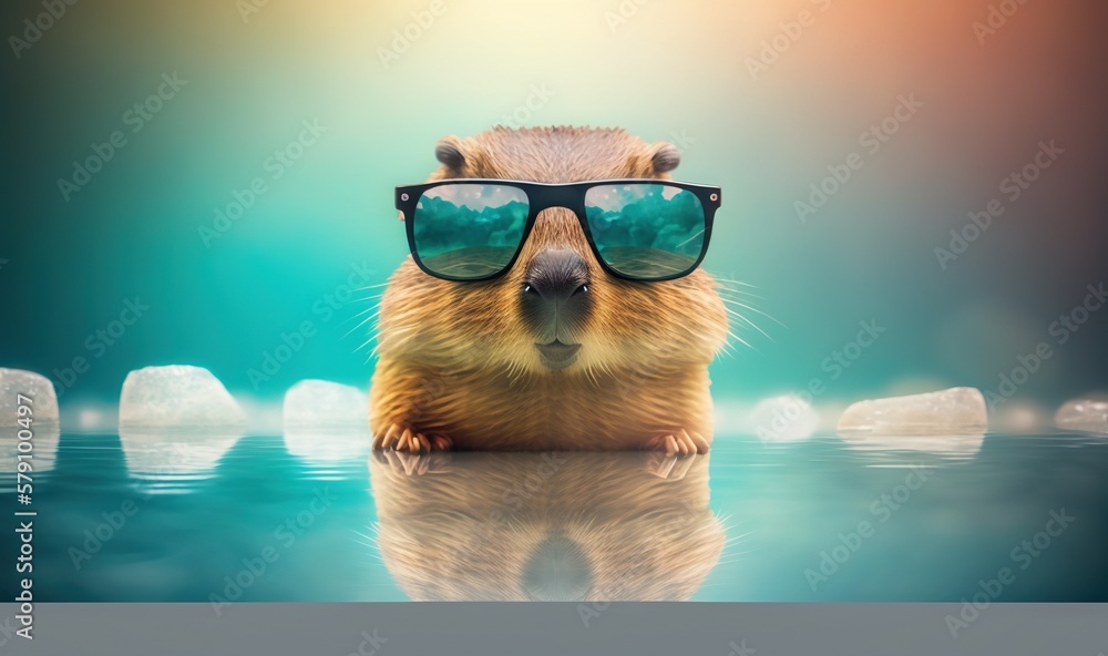 a rodent wearing sunglasses sitting on top of a table next to ice cubes ...