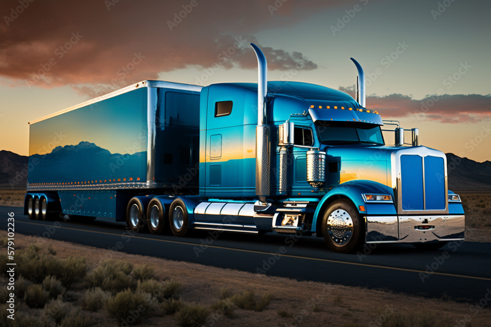 big blue american truck on the highway, created by a neural network ...