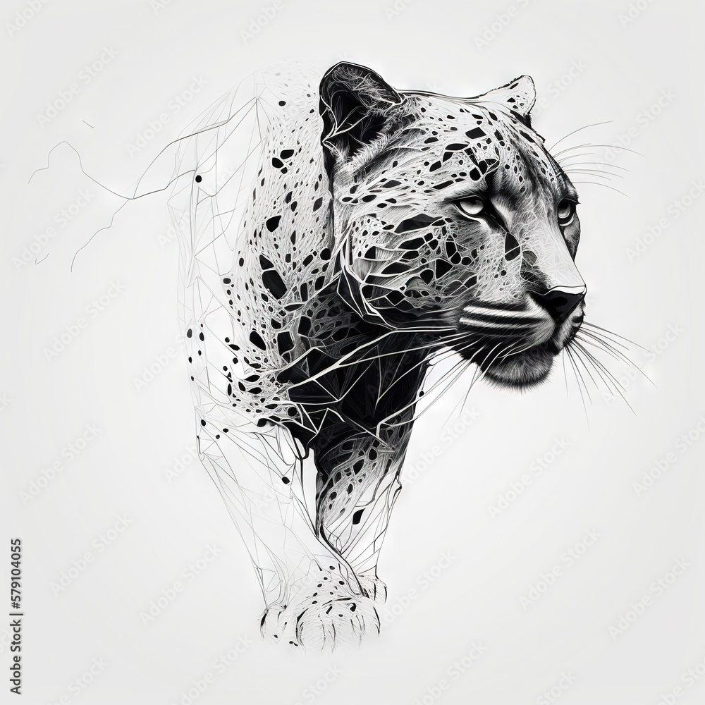 a black and white drawing of a leopard's head and neck, with dots and ...