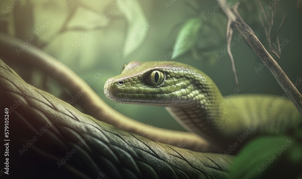 a green snake with its eyes wide open in a tree branch with leaves on ...