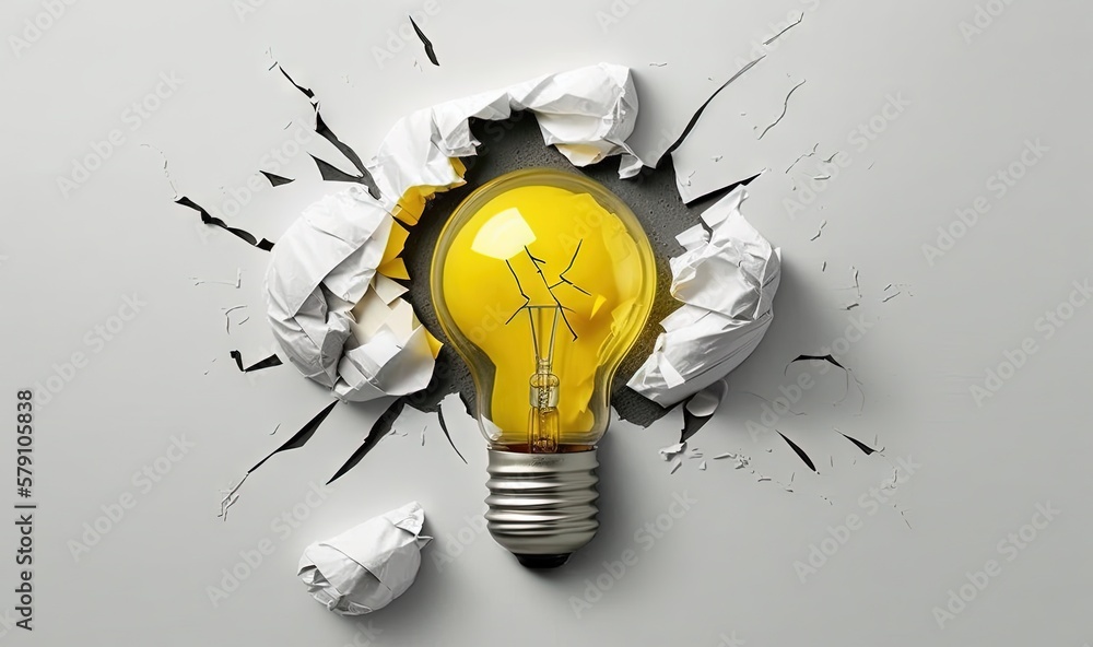 a light bulb is breaking through a wall with a hole in the middle of ...