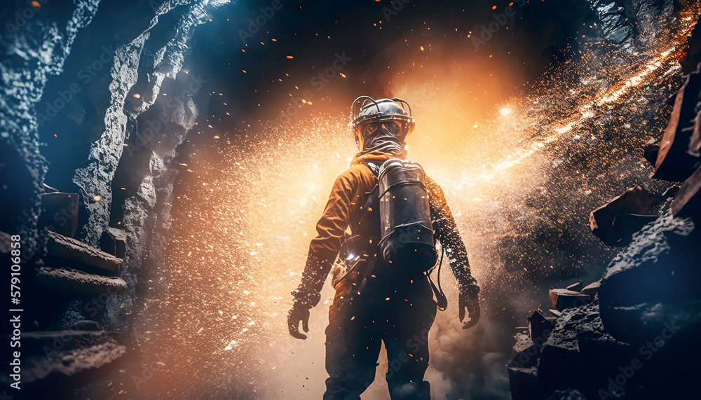 Industrial explosion incident in coal mine, sparks and flames ...