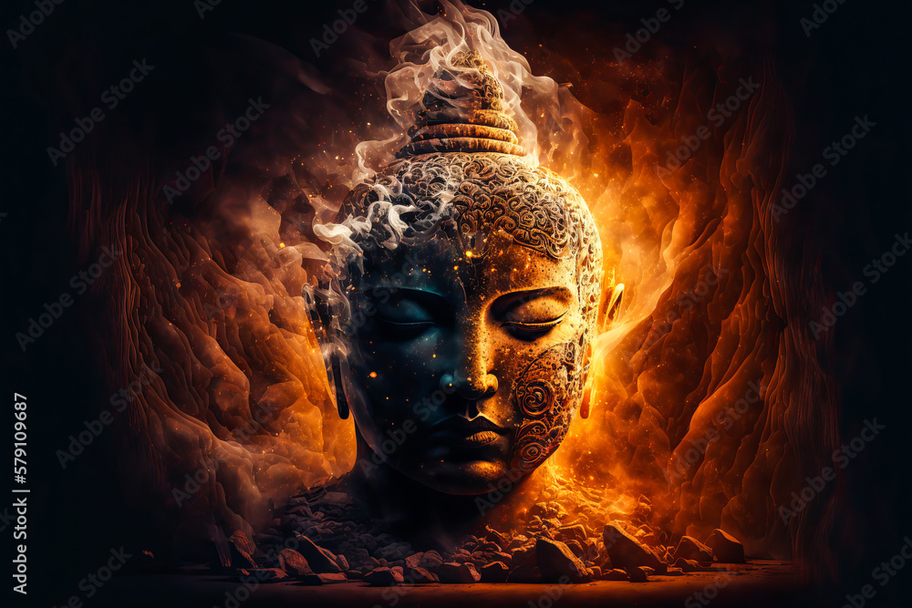 Buddha portrait & face statue on a dreamy, zen backdrop of flames ...