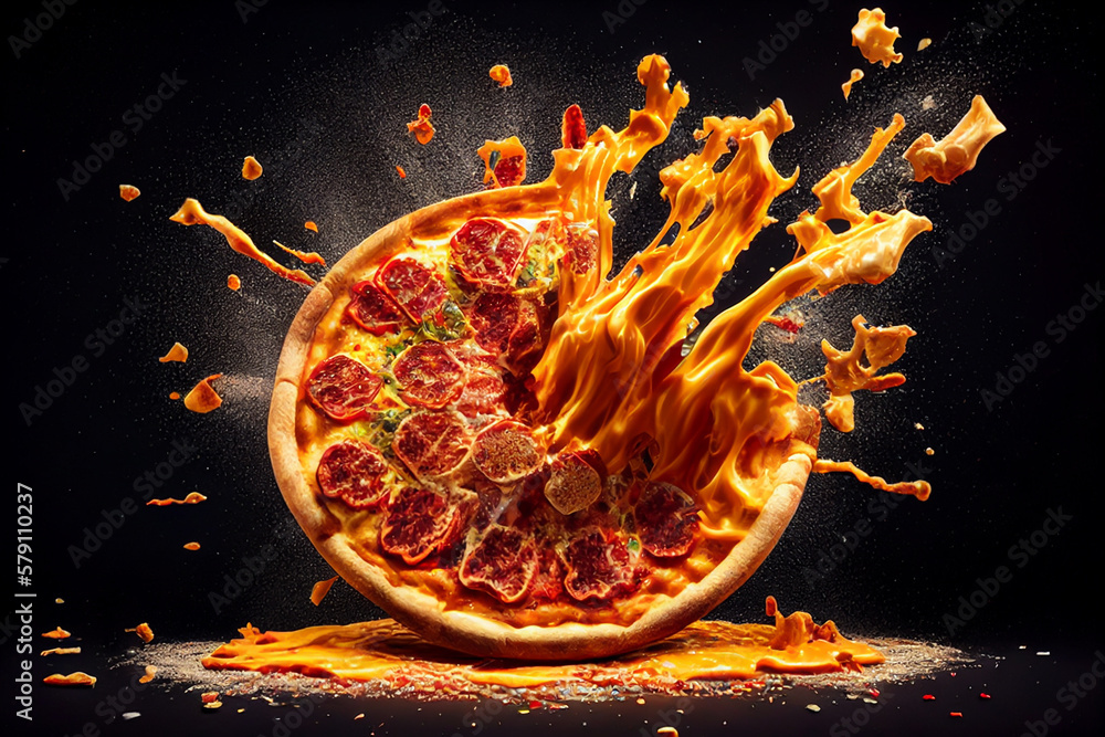 Pizza and Splashes of cheese and red pepper. Italian pizza, Juicy ...