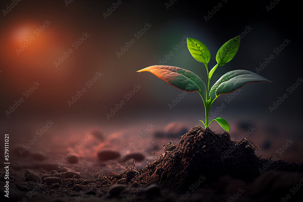 Developing plant, Young plant with a ground backdrop and dawn light ...