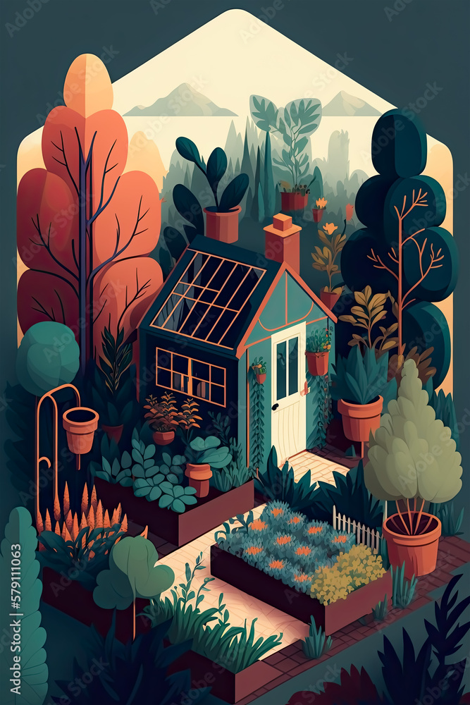 Vector illustration of garden, beds, plants, and greenhouses, Vector ...
