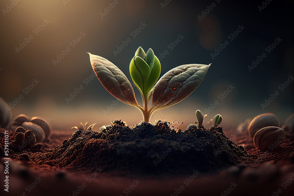 Developing plant, Young plant with a ground backdrop and dawn light ...