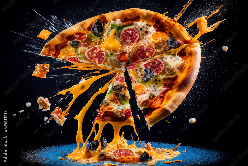 Pizza and Splashes of cheese and red pepper. Italian pizza, Juicy ...