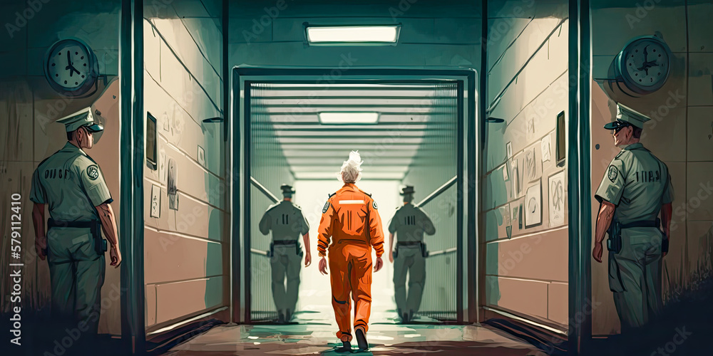 A prison guard arresting an inmate as they walk through a jail corridor ...