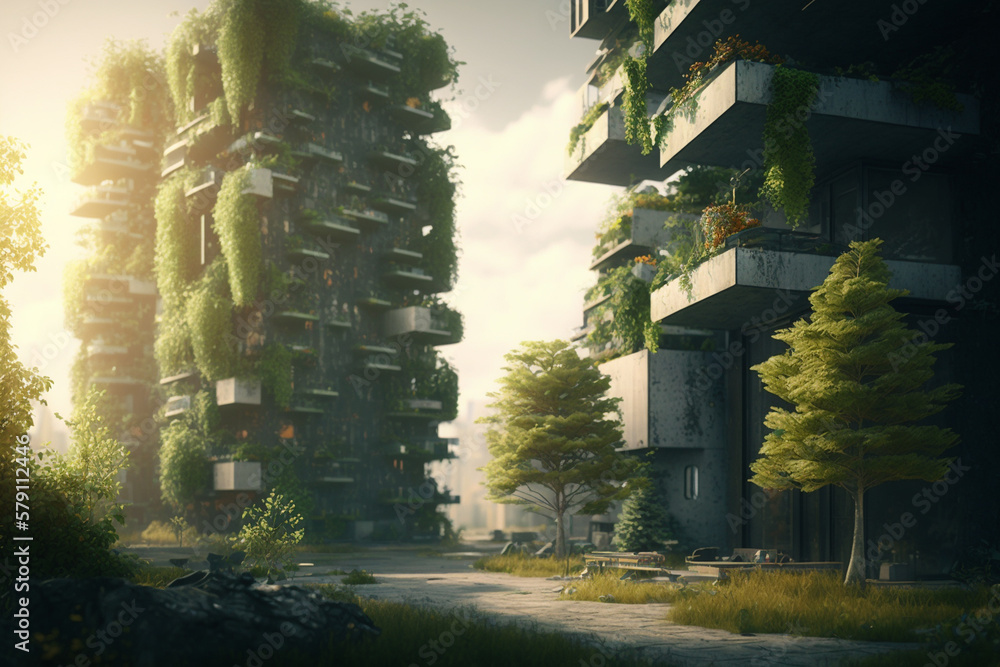 an abandoned city overgrown with greenery, created by a neural network ...