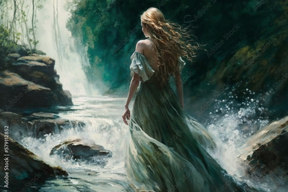 spirit of the river, a girl in a dress in a stream of water view from ...