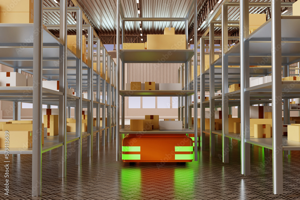 Retrieval machines is going in warehouse. Automatic warehouse cart ... Retrieval machines is going in warehouse. Automatic warehouse cart ...