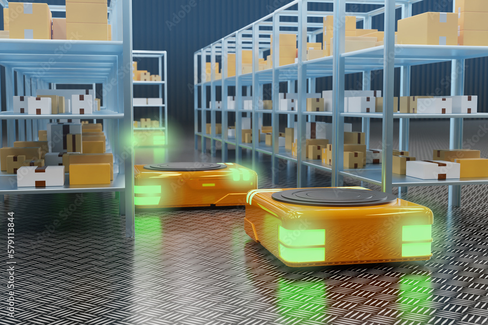 The interior of robotic warehouse. Modern distribution center. Automated guided vehicles. Agv ...