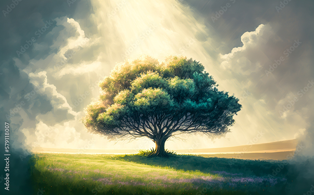 Unique tree surrounded by flowers and sunlight; soft pastel colors for ...