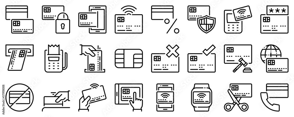Line icons about credit card on transparent background with editable ...