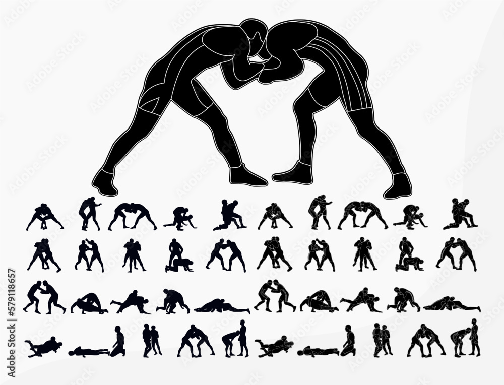 Big set 40 silhouettes athlete wrestler in wrestling, duel, fight ...